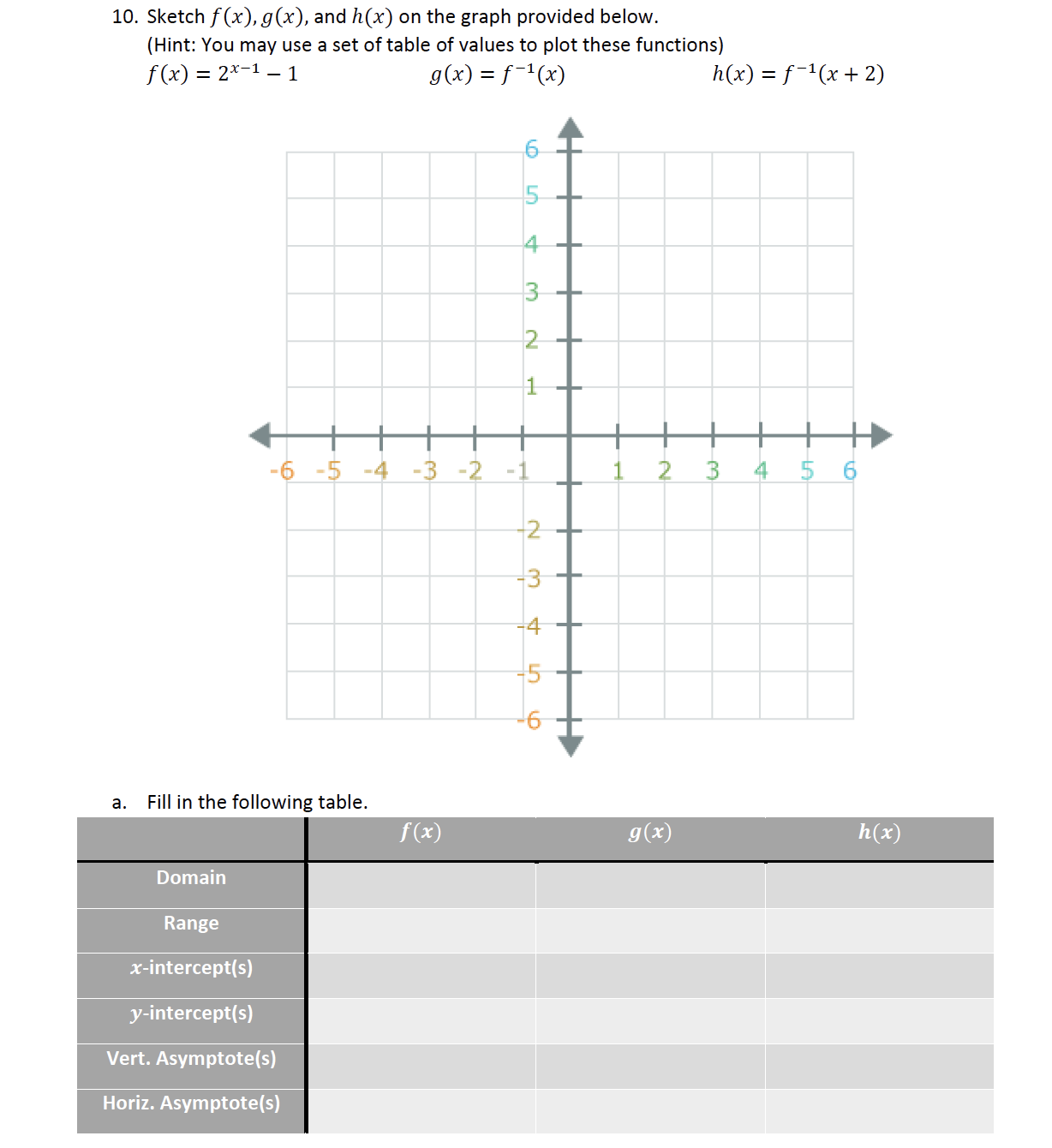 Solved 10. Sketch f(x),g(x), and h(x) on the graph provided | Chegg.com