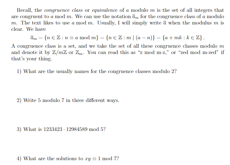 Solved Recall, the congruence class or equivalence of a | Chegg.com