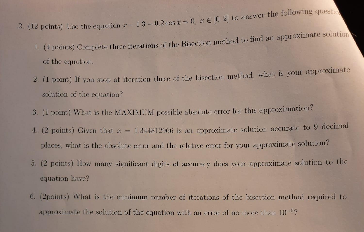 Solved 2. (12 points) Use the equation 2 – 1.3 – 0.2 cos x = | Chegg.com