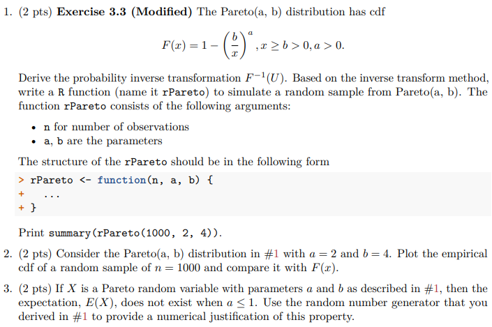 Solved a 1 1. (2 pts) Exercise 3.3 (Modified) The Pareto(a, | Chegg.com