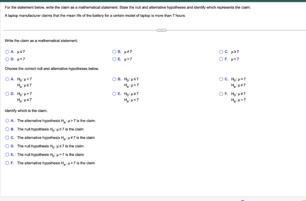 Solved For the statement below, write the claim as a | Chegg.com