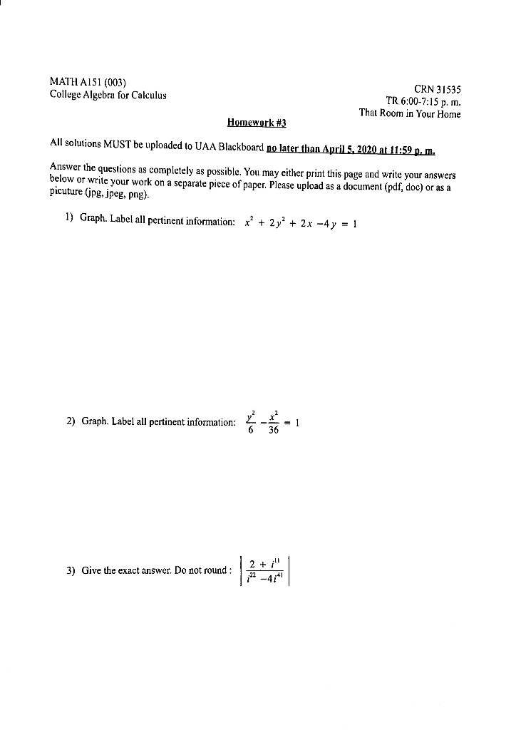 Solved MATH A151 (003) College Algebra for Calculus CRN | Chegg.com