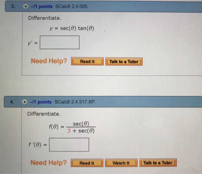 Solved 3. -/1 points SCalc8 2.4.005. Differentiate. y sec(9) | Chegg.com