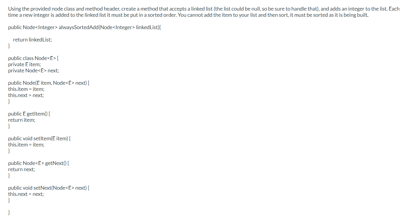 Solved Using the provided node class and method header, | Chegg.com Solved Using the provided node class and method header, | Chegg.com