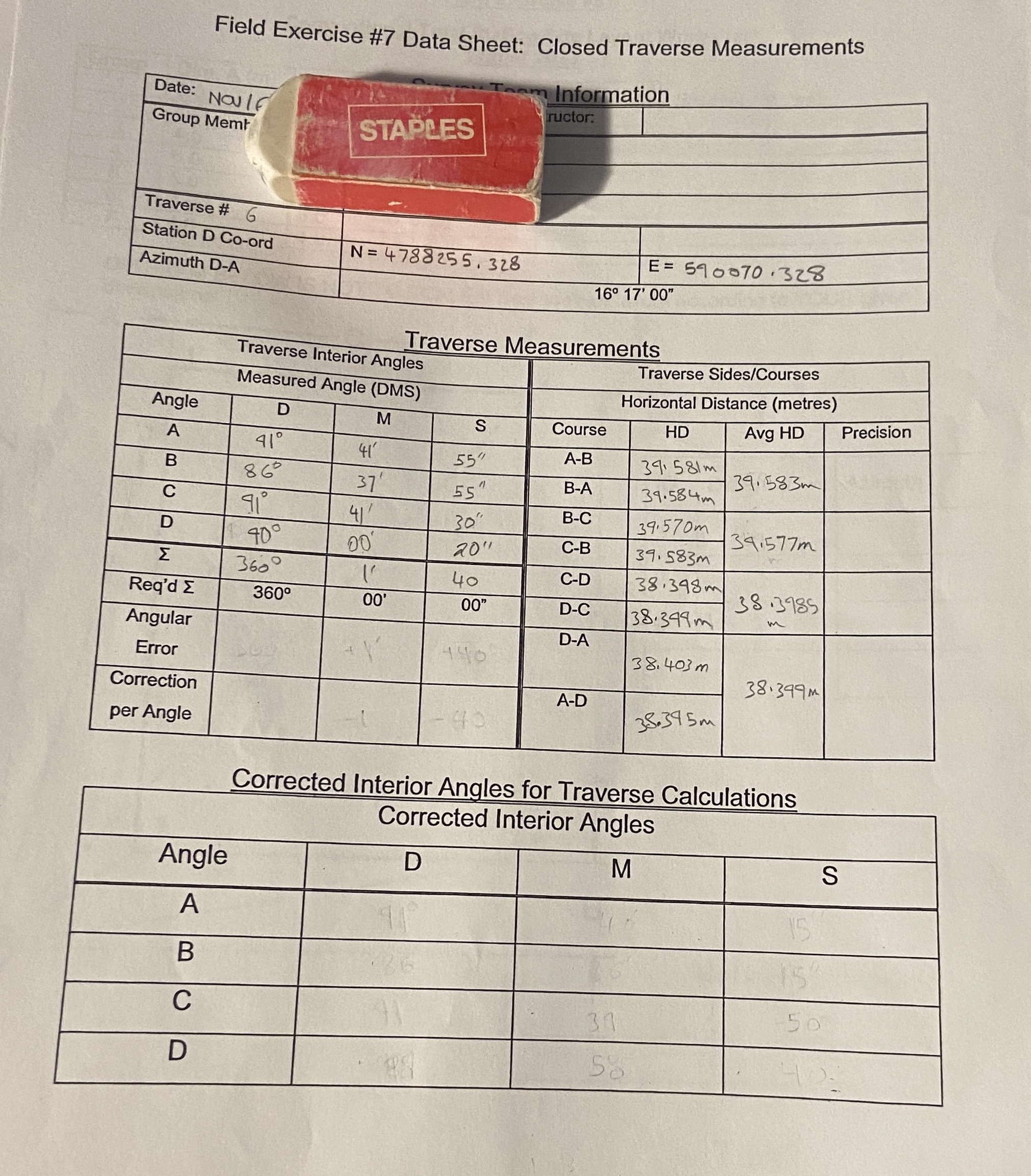 Solved Field Exercise \#7 Data Sheet: Closed Traverse | Chegg.com