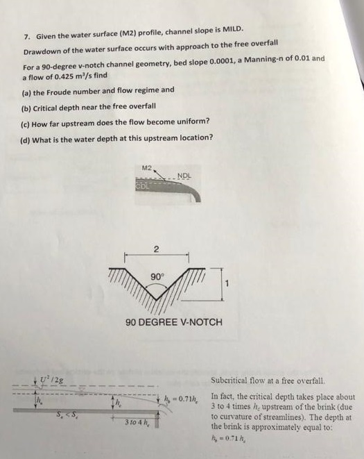Solved 7. Given the water surface (M2) profile, channel | Chegg.com