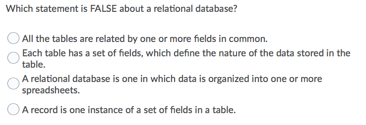 Solved Which statement is FALSE about a relational database? | Chegg.com