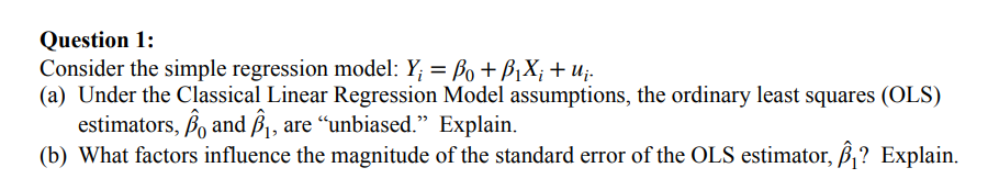 Solved Question 1: Consider the simple regression model: | Chegg.com