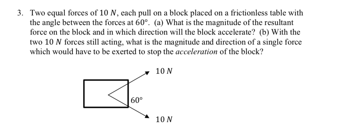 Solved 3. Two equal forces of 10 N, each pull on a block | Chegg.com