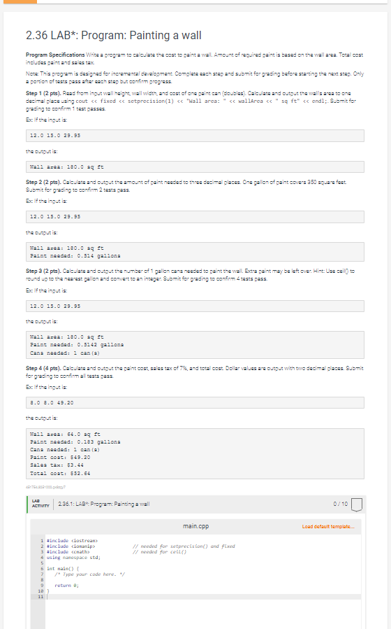 Solved 2.36 LAB*: Program: Painting a wall Program | Chegg.com
