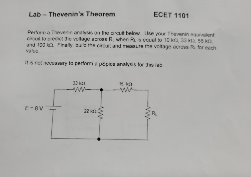 Solved Lab - Thevenin's Theorem ECET 1101 Perform a Thevenin | Chegg.com