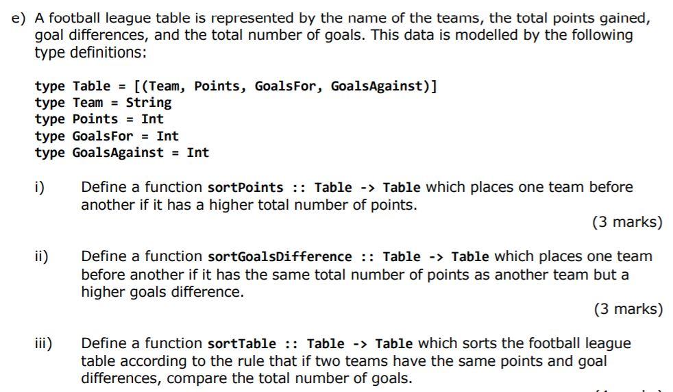 Solved e) A football league table is represented by the name | Chegg.com