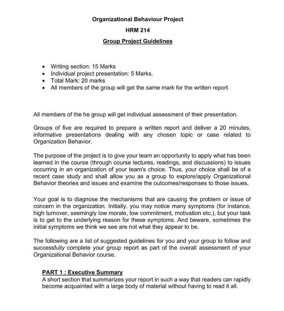 Solved Organizational Behaviour Project HRM 214 Group | Chegg.com