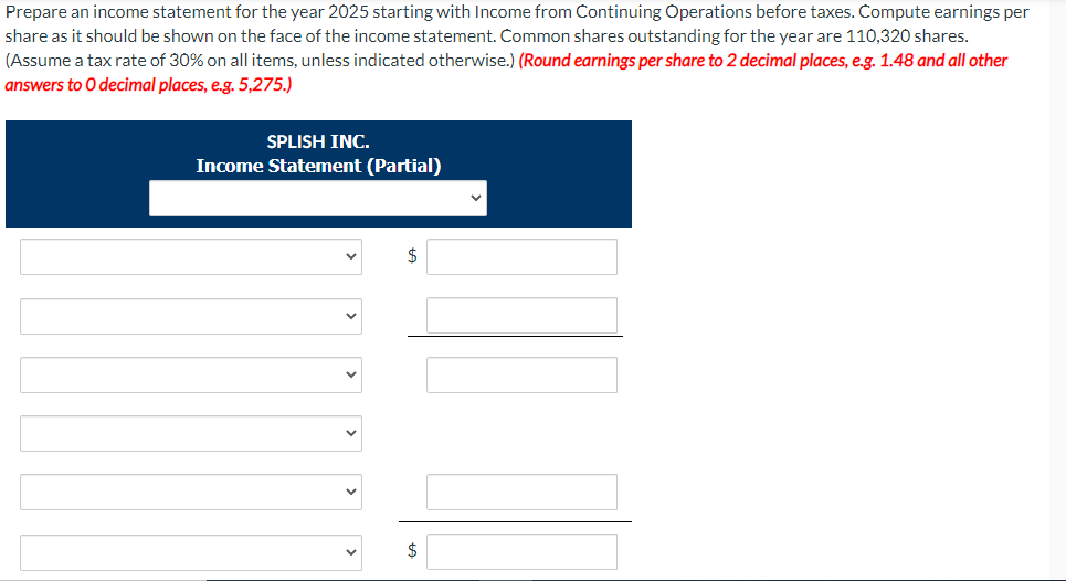 Solved Splish Inc. reported Income from Continuing | Chegg.com
