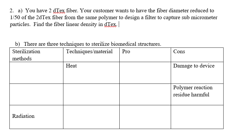Solved 2. a) You have 2 dTex fiber. Your customer wants to | Chegg.com