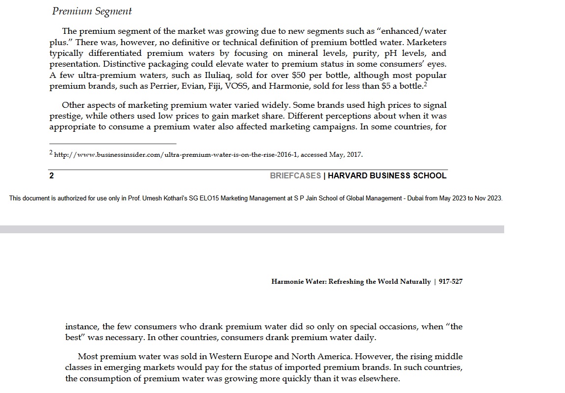 Solved Case Study 2 – Harmonie Water: Refreshing the World | Chegg.com