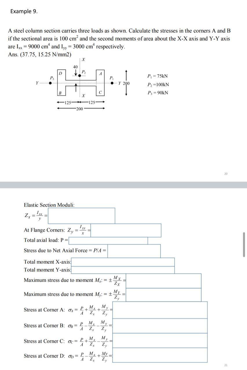 Solved Example 9. A steel column section carries three loads | Chegg.com