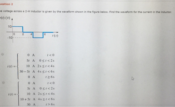 Solved uestion 2 e voltage across a 2-H inductor is given by | Chegg.com