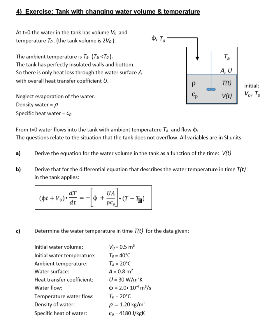 1) Exercise: Heating water tank Т. amb р, Ср T(t) U h | Chegg.com