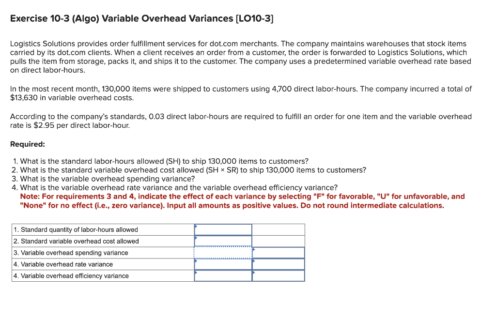 Solved Exercise 10-3 (Algo) Variable Overhead Variances | Chegg.com