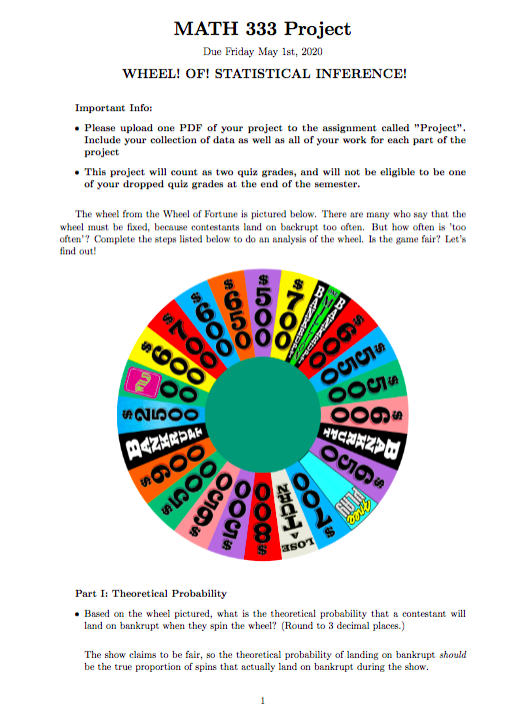 MATH 333 Project Due Friday May 1st, 2020 WHEEL! OF! | Chegg.com