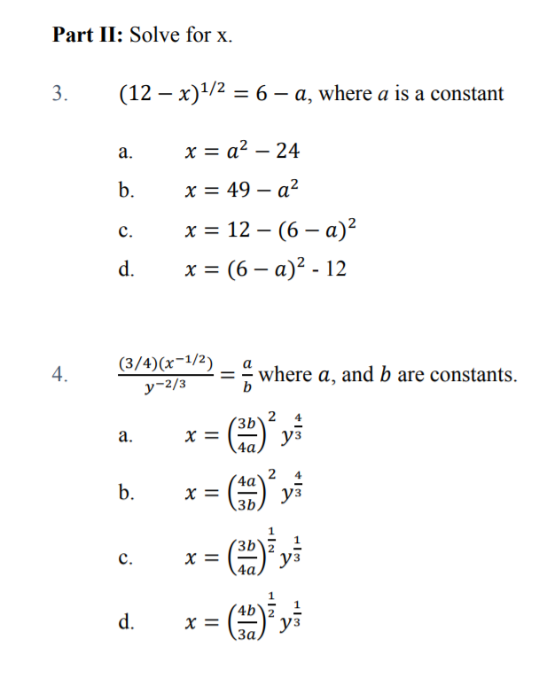 Solved Part II: Solve for x. x 3. (12 – x)1/2 = 6 - a, where | Chegg.com