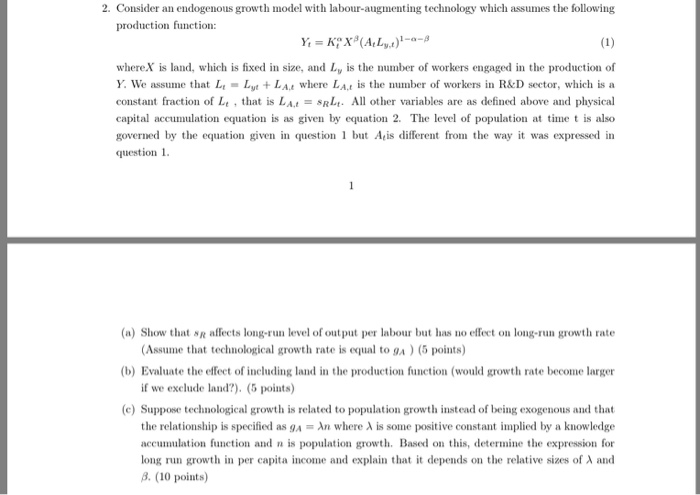 2. Consider an endogenous growth model with | Chegg.com