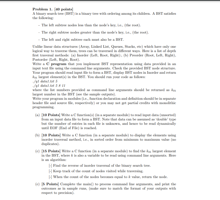 Solved Problem 1. (40 points) A binary search tree (BST) is | Chegg.com