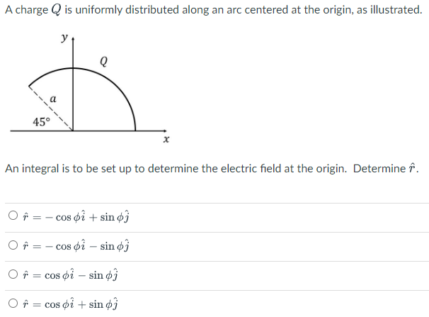 Solved A charge Q is uniformly distributed along an arc | Chegg.com