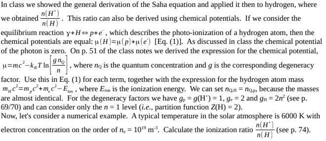 Using the Saha equation, calculate the ionization | Chegg.com