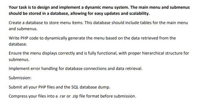 Solved Your task is to design and implement a dynamic menu | Chegg.com