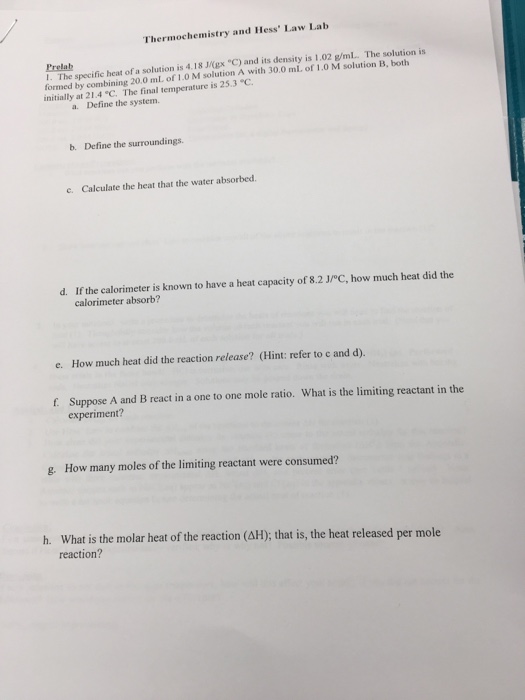 Solved Thermochemistry and Hess' Law Lab Prelab 1. The | Chegg.com