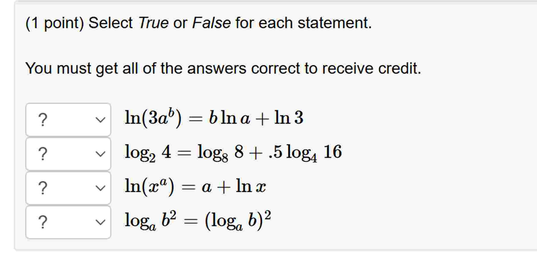 Solved (1 ﻿point) ﻿Select True or ﻿False for each | Chegg.com