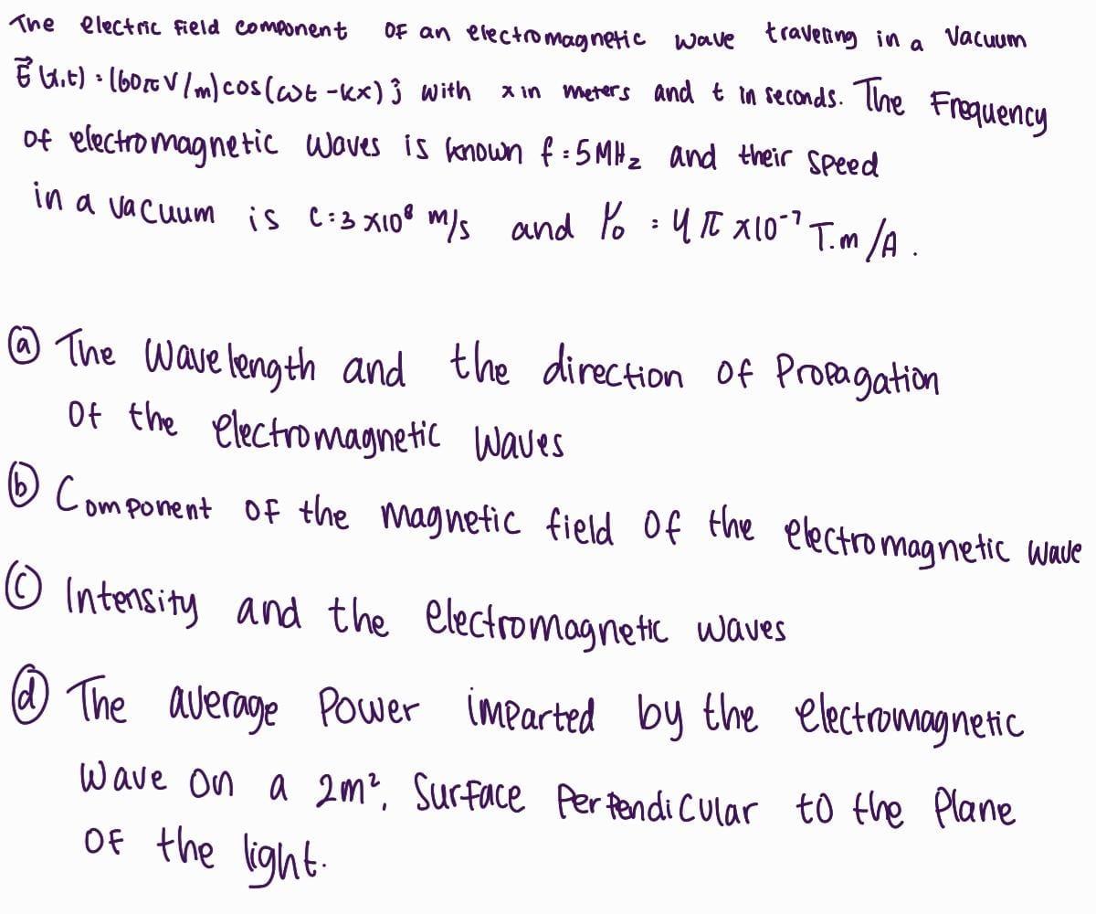 Solved The electric field component of an electromagnetic | Chegg.com