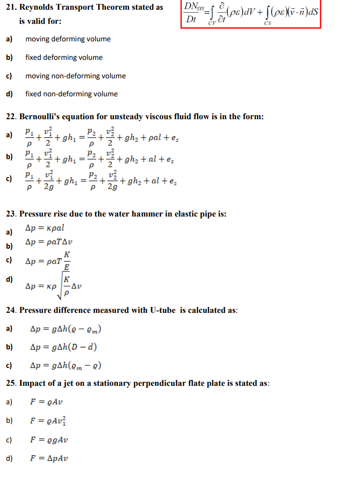 Solved 21. Reynolds Transport Theorem stated as is valid | Chegg.com