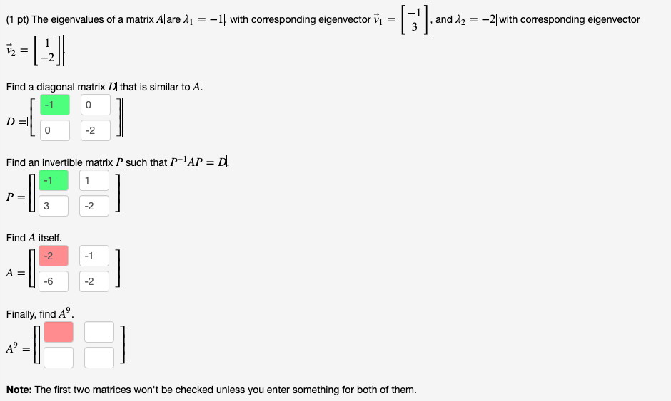Solved (1 pt) The eigenvalues of a matrix A are λ1=−1, with | Chegg.com
