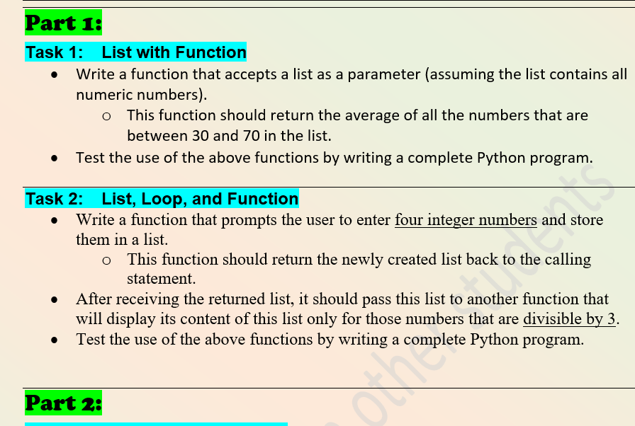 Solved Part 1 Task 1 List With Function Write A Function 9925