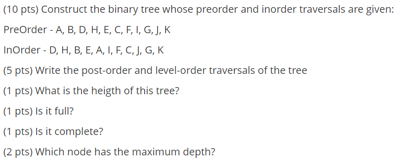 Solved (10 pts) Construct the binary tree whose preorder and | Chegg.com