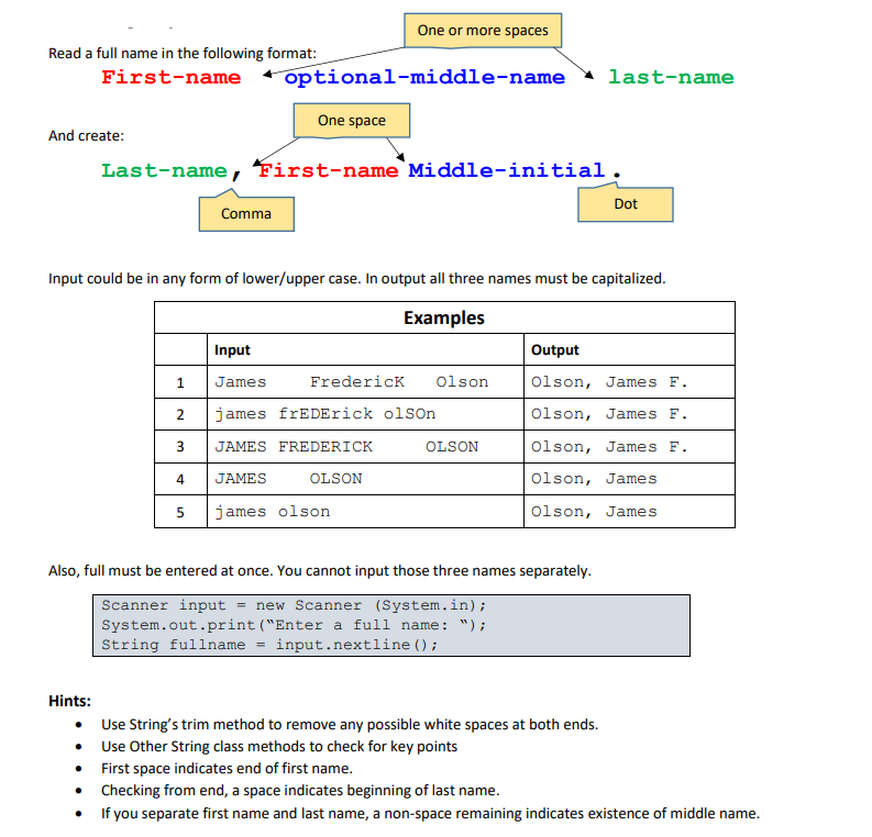Solved One or more spaces Read a full name in the following | Chegg.com