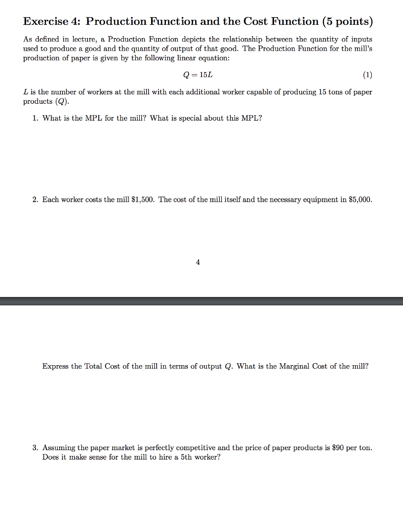 Solved Exercise 4: Production Function and the Cost Function | Chegg.com