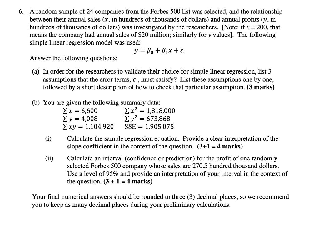 Solved 6. A random sample of 24 companies from the Forbes | Chegg.com