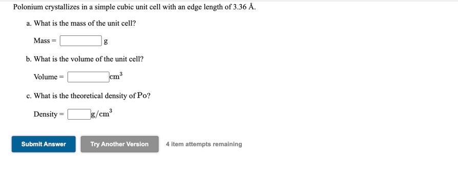 Solved Polonium crystallizes in a simple cubic unit cell | Chegg.com