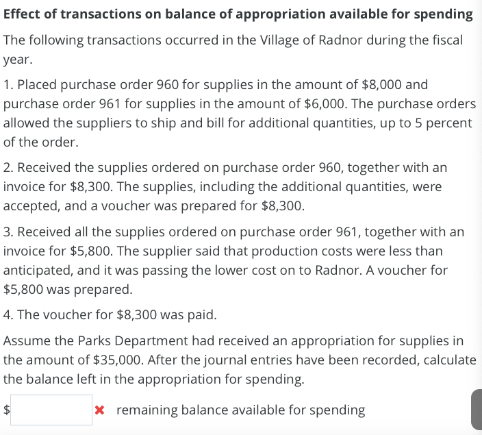 Solved Effect of transactions on balance of appropriation | Chegg.com