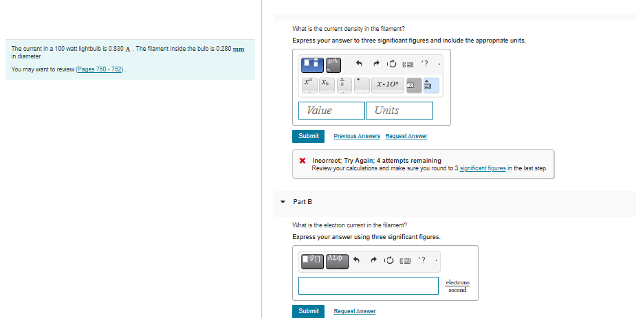 Solved What is the current density in the filament? The | Chegg.com