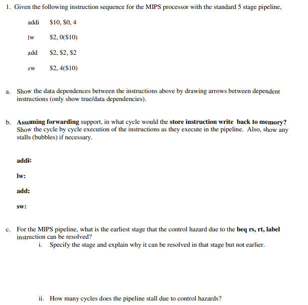 1. Given the following instruction sequence for the | Chegg.com