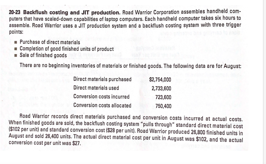Solved 20-23 Backflush costing and JIT production. Road | Chegg.com