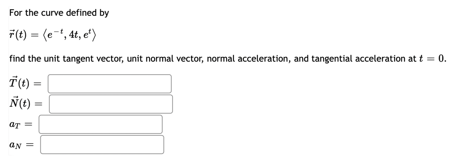 Solved For the curve defined by r(t)= e−t,4t,et find the | Chegg.com