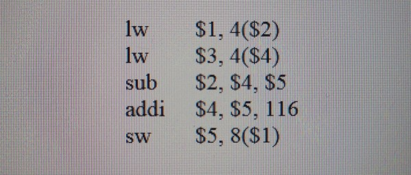 Solved lw lw sub addi sw S1, 4($2) S3, 4($4) $2, $4, $5 $4, | Chegg.com