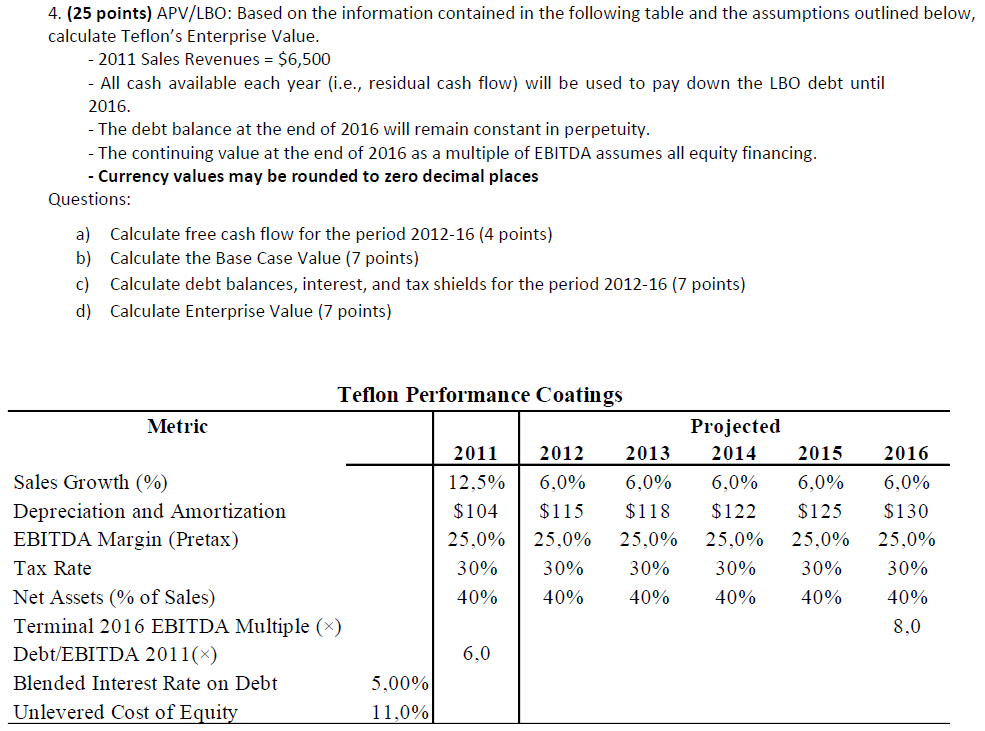 4. (25 points) APV/LBO: Based on the information | Chegg.com