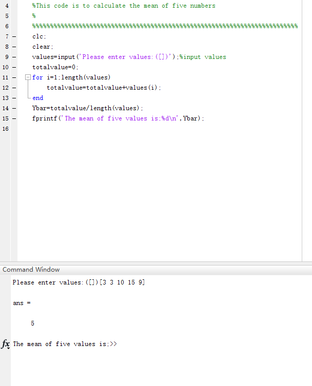 Solved % This code is to calculate the mean of five numbers | Chegg.com